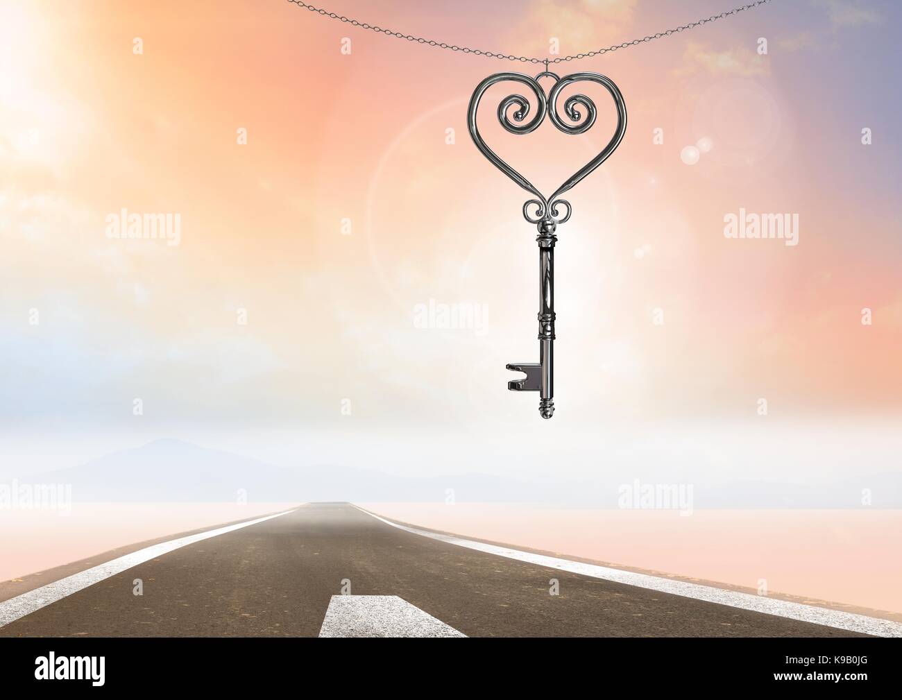 Digital composite of 3D Heart Key floating over road Stock Photo - Alamy