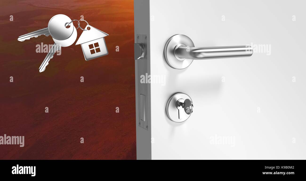 Digital composite of 3D door opening with house keys over landscape ...