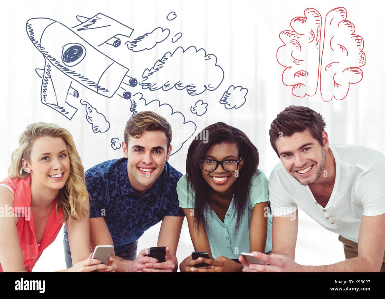 Digital composite of Creative people with hand-drawn rocket and brains ...