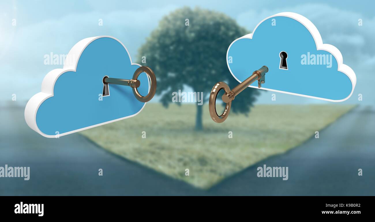 Digital composite of 3D Key clouds floating over parting roads Stock ...