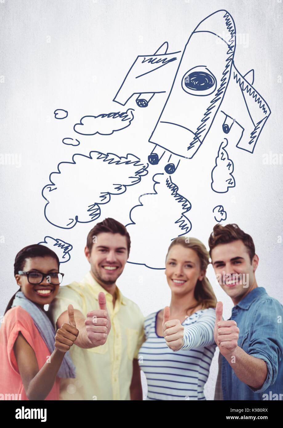 Digital composite of Creative people with hand-drawn rocket Stock Photo ...