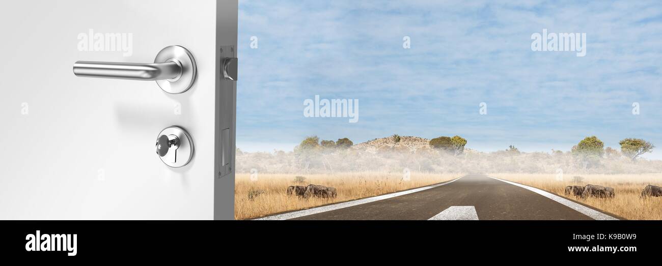Digital composite of Door opening onto road Stock Photo - Alamy