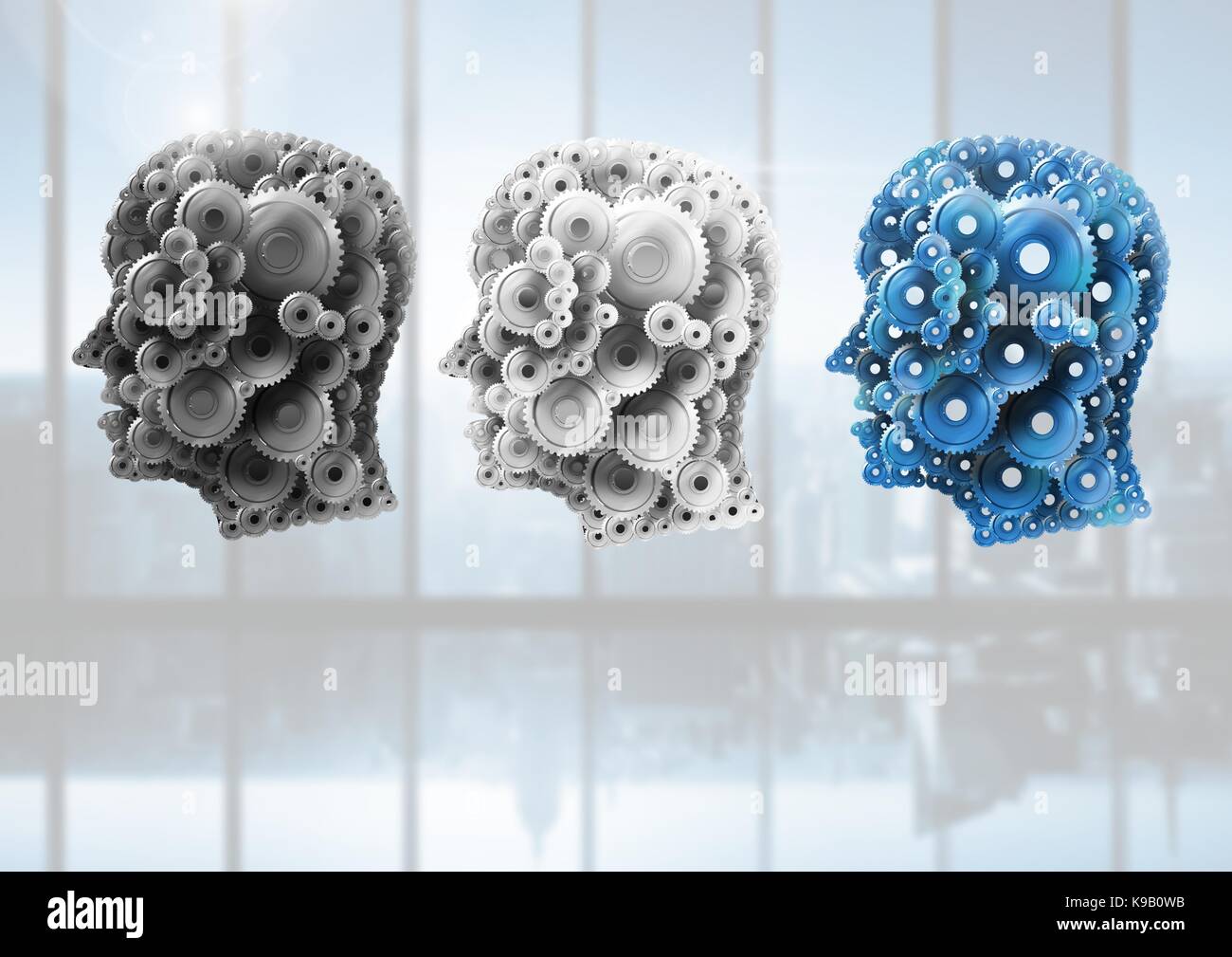 Digital composite of Cog heads with bright background Stock Photo - Alamy