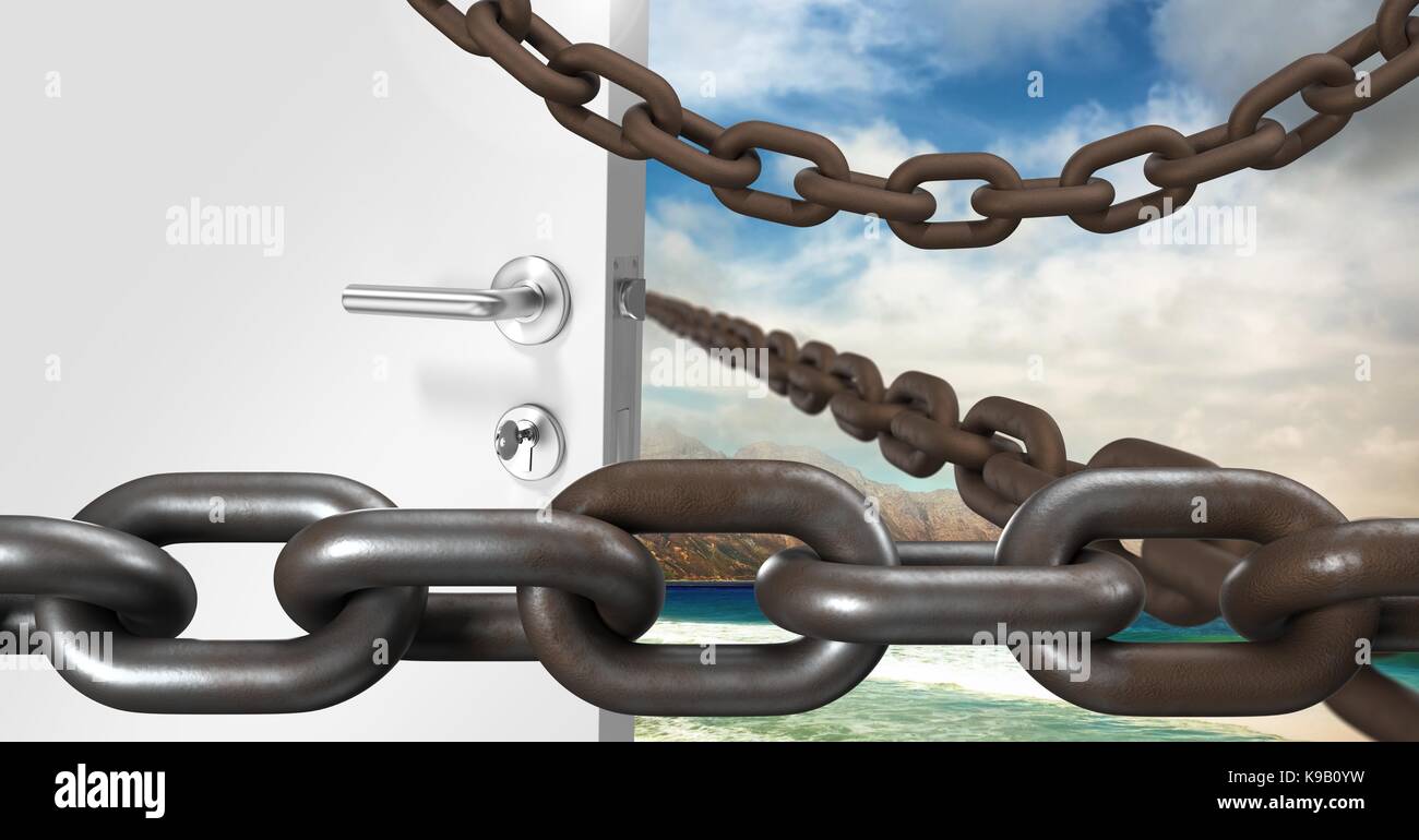 Digital composite of 3D Door surrounded by chains Stock Photo - Alamy