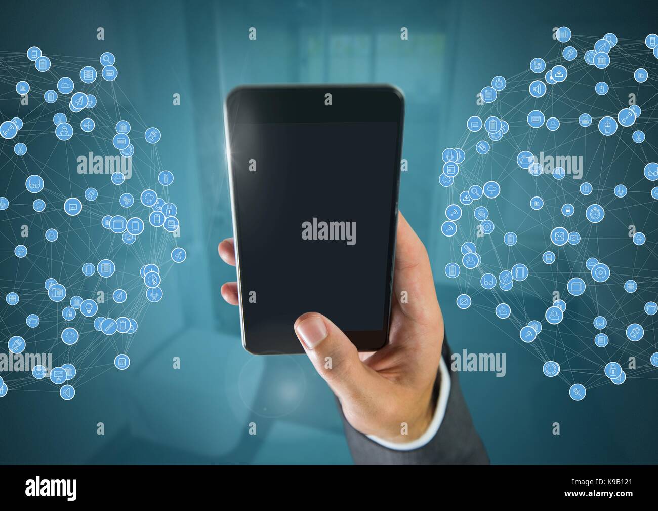 Digital composite of Hand holding phone with connectors at home Stock ...