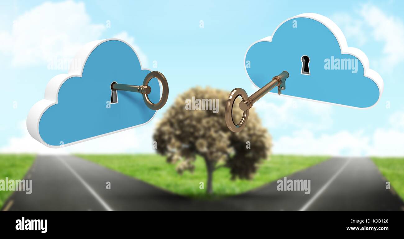 Digital composite of 3D Key clouds floating over parting roads Stock ...