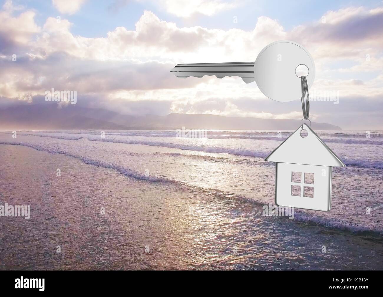 Digital composite of 3D House key floating over sea Stock Photo - Alamy