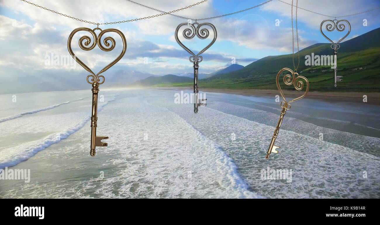 Digital composite of 3D Heart Keys floating over sea coast Stock Photo ...
