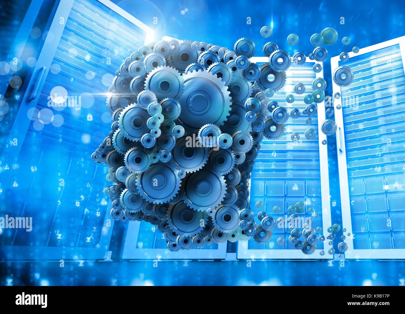 Digital composite of Cog head with servers Stock Photo - Alamy