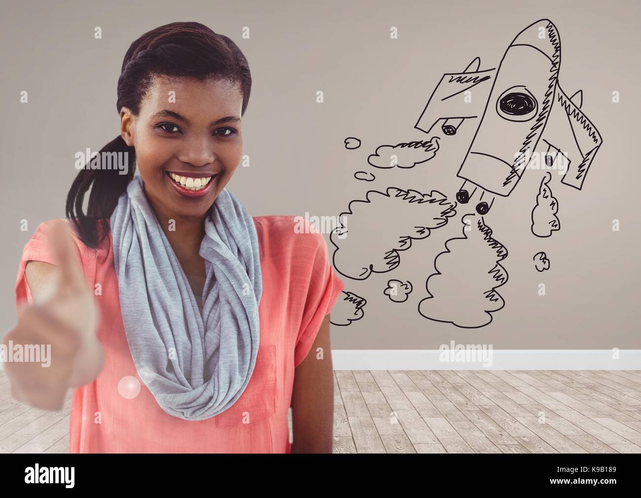 Digital composite of Creative woman with hand-drawn rocket Stock Photo - Alamy