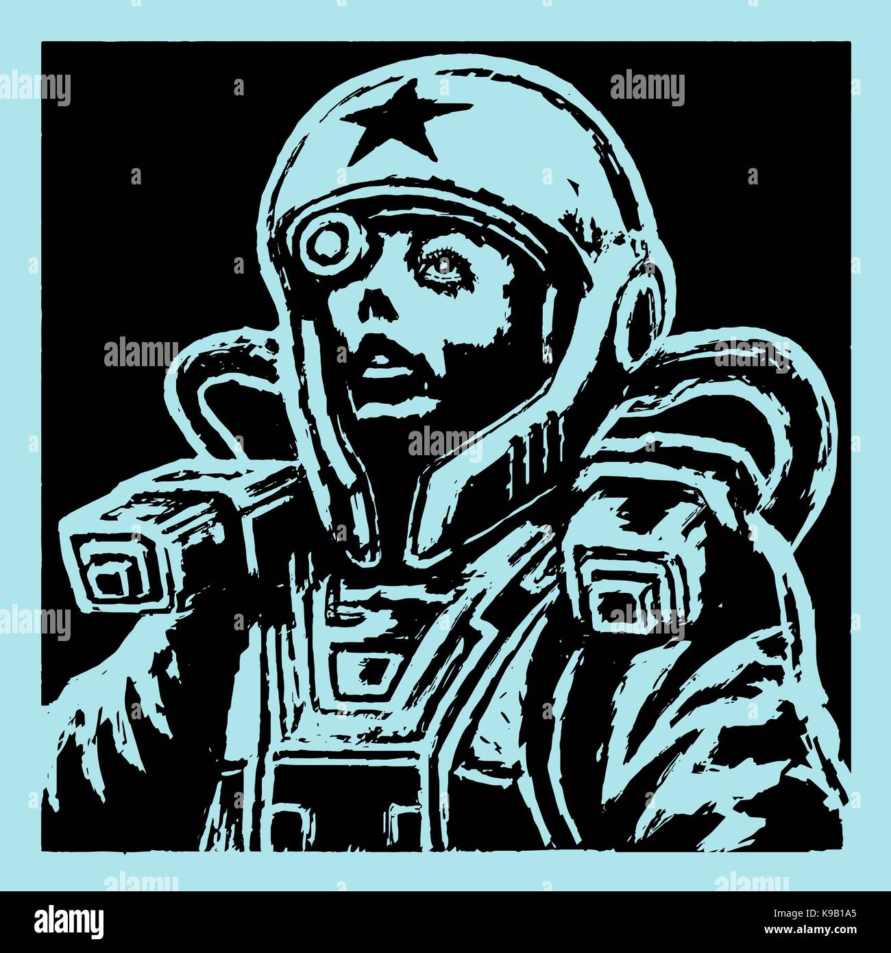 Female face astronaut in helmet. Science fiction character on black and ...