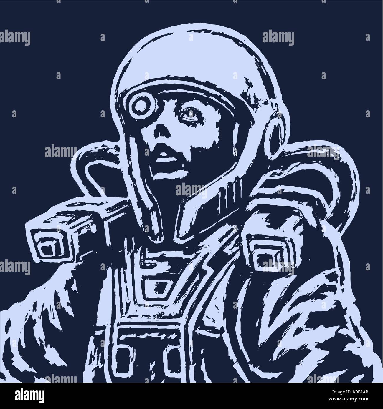 Spaceman woman sketch. Cool science fiction spaceman cover on blue ...