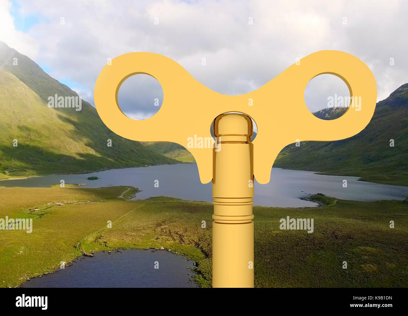 Digital composite of 3D Key over landscape of lakes Stock Photo - Alamy
