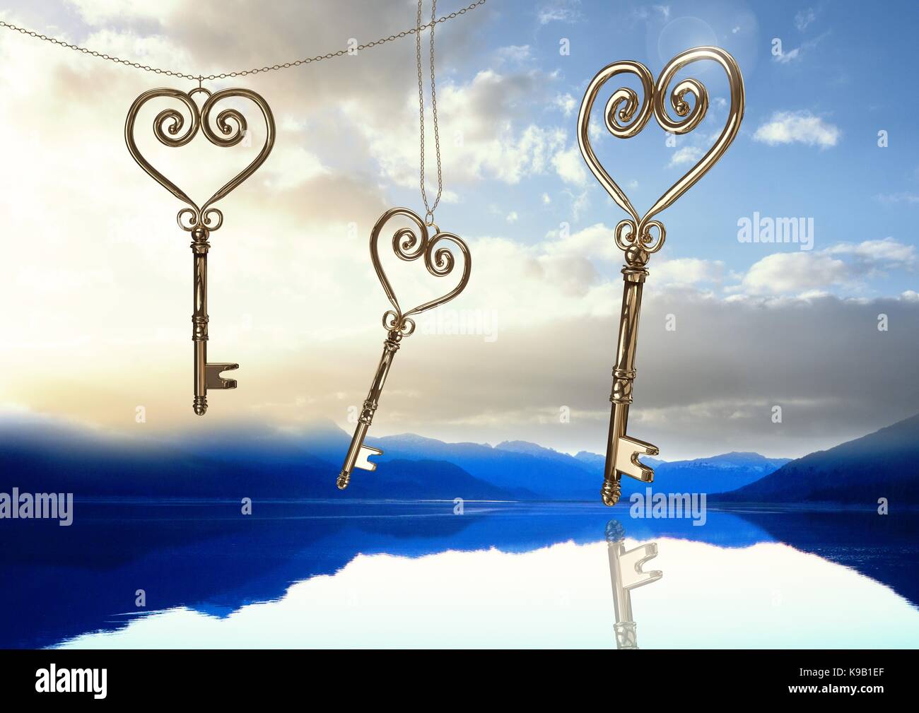 Digital composite of 3D Heart keys floating over lake Stock Photo - Alamy