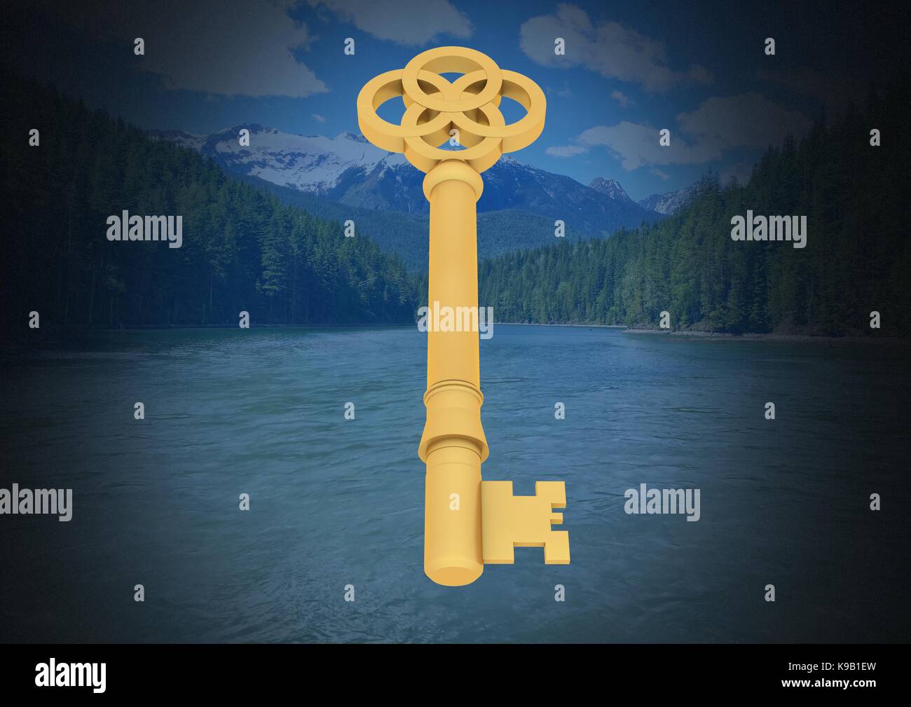 Digital composite of 3D Key floating over lake Stock Photo - Alamy