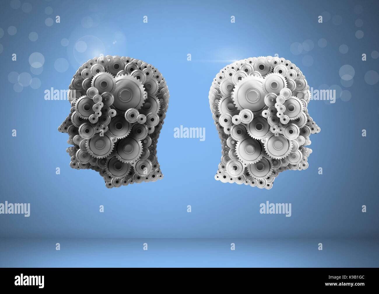 Digital composite of Cog heads with bright background Stock Photo - Alamy