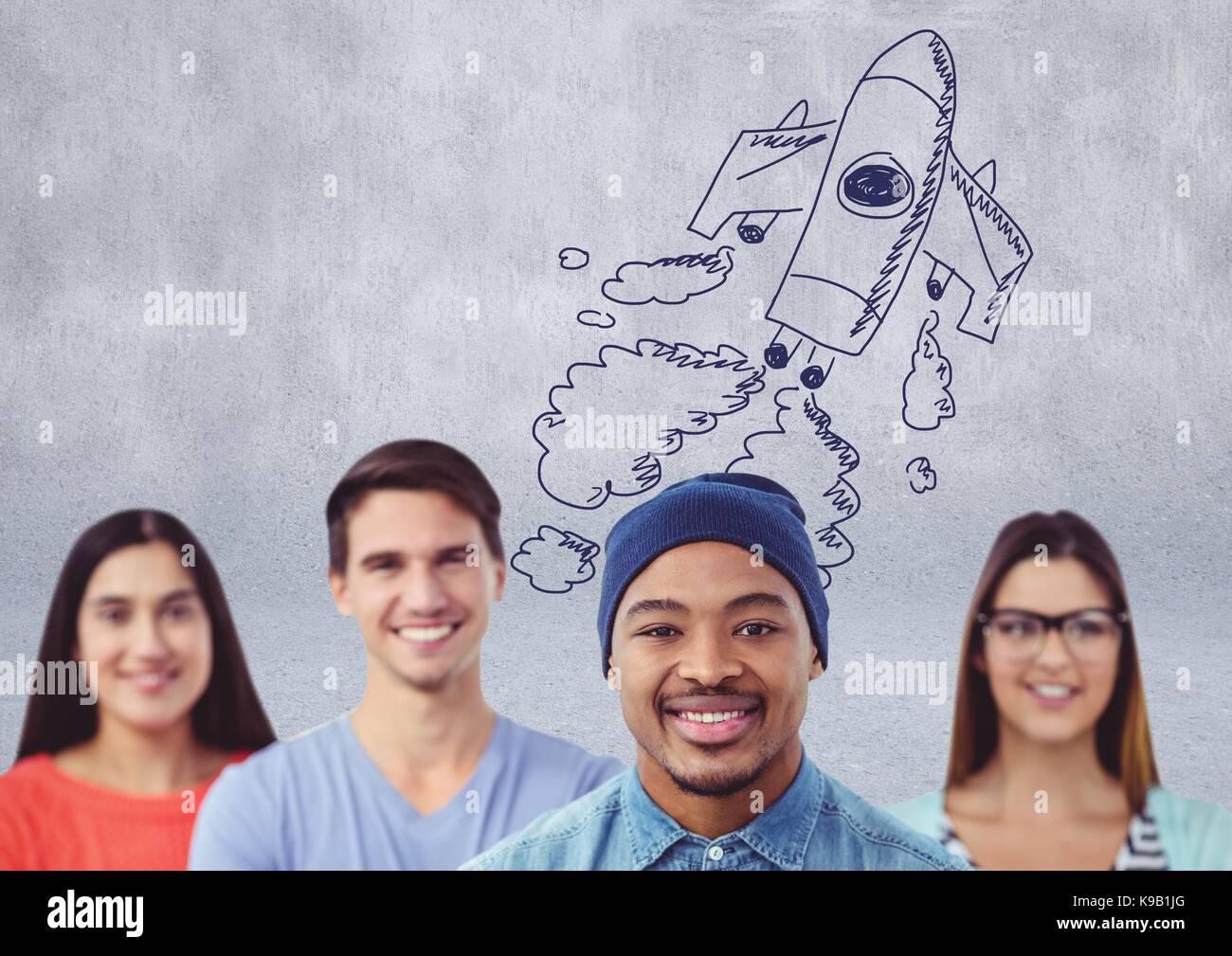 Digital composite of Creative people with hand-drawn rocket Stock Photo ...
