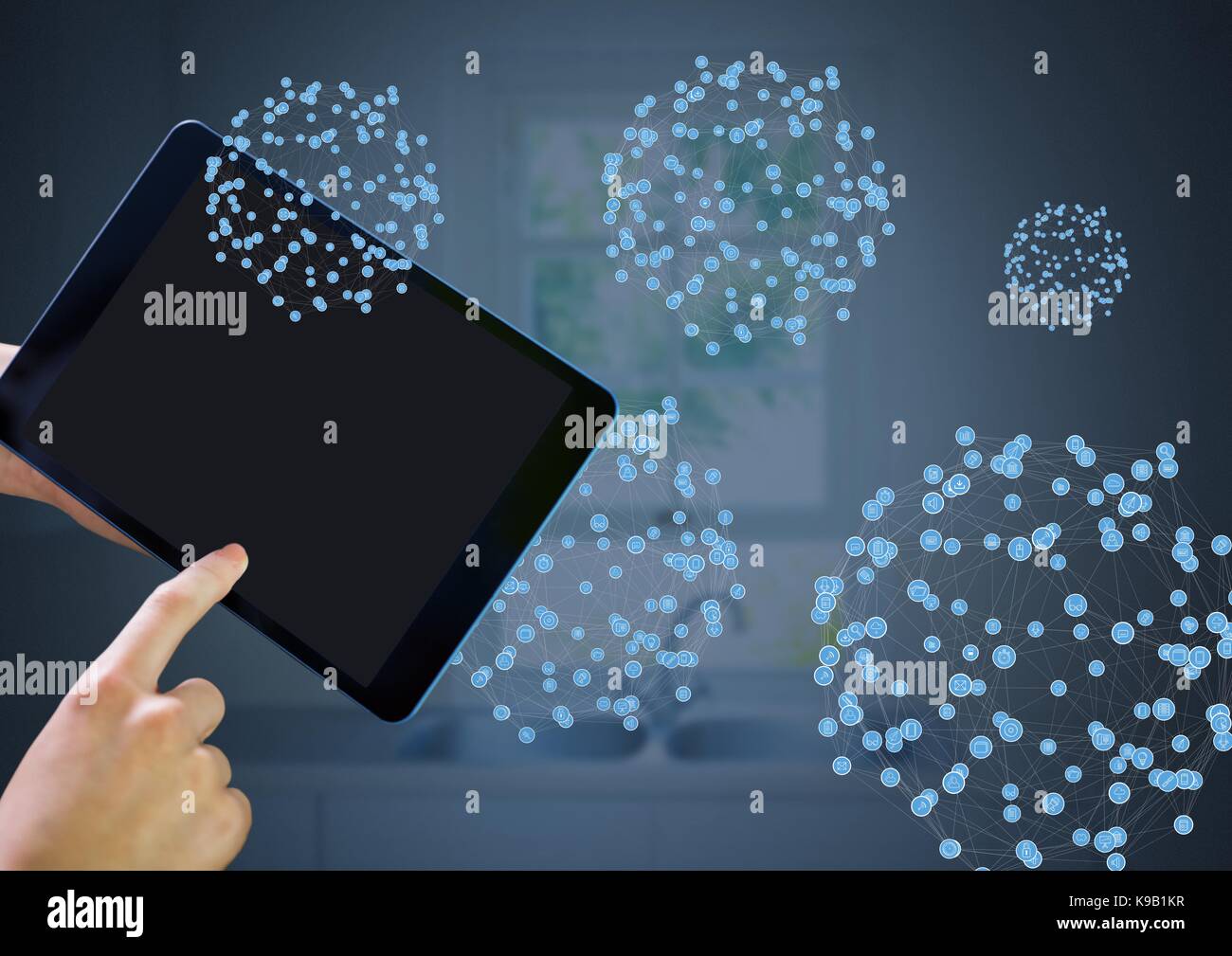 Digital composite of Hand holding tablet with sphere connectors Stock ...