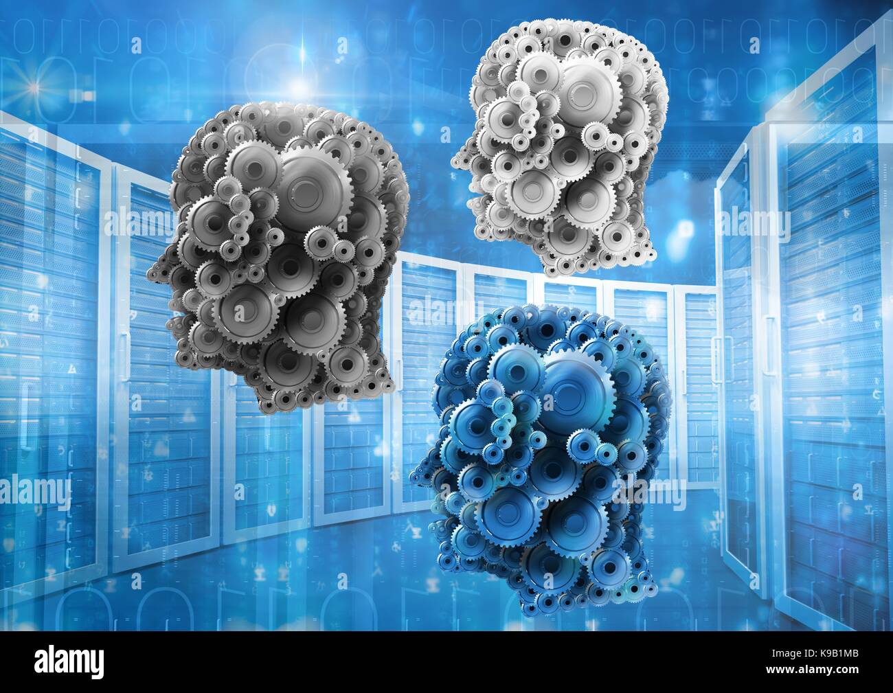 Digital composite of Cog heads with servers Stock Photo - Alamy