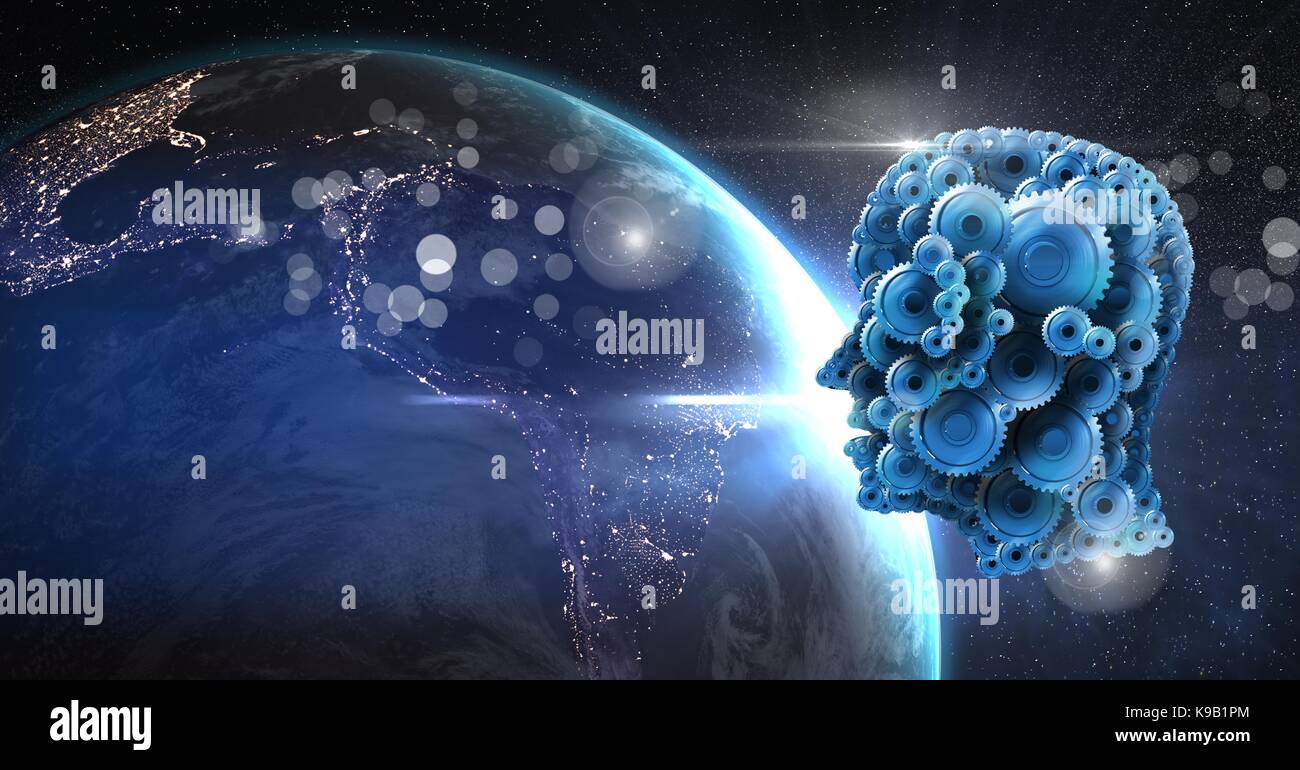 Digital composite of Cog head in space with planet earth Stock Photo ...