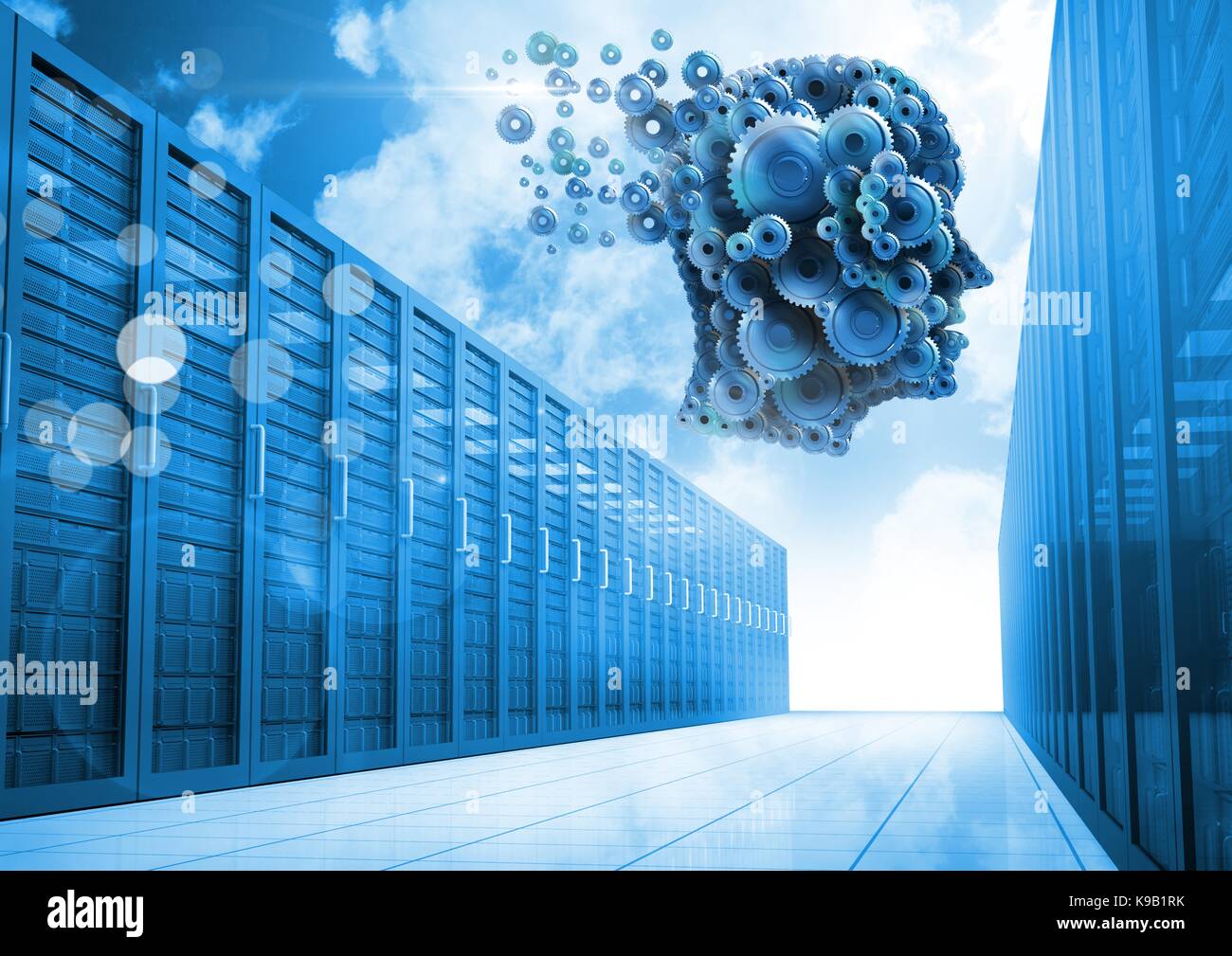 Digital composite of Cog head with servers Stock Photo - Alamy