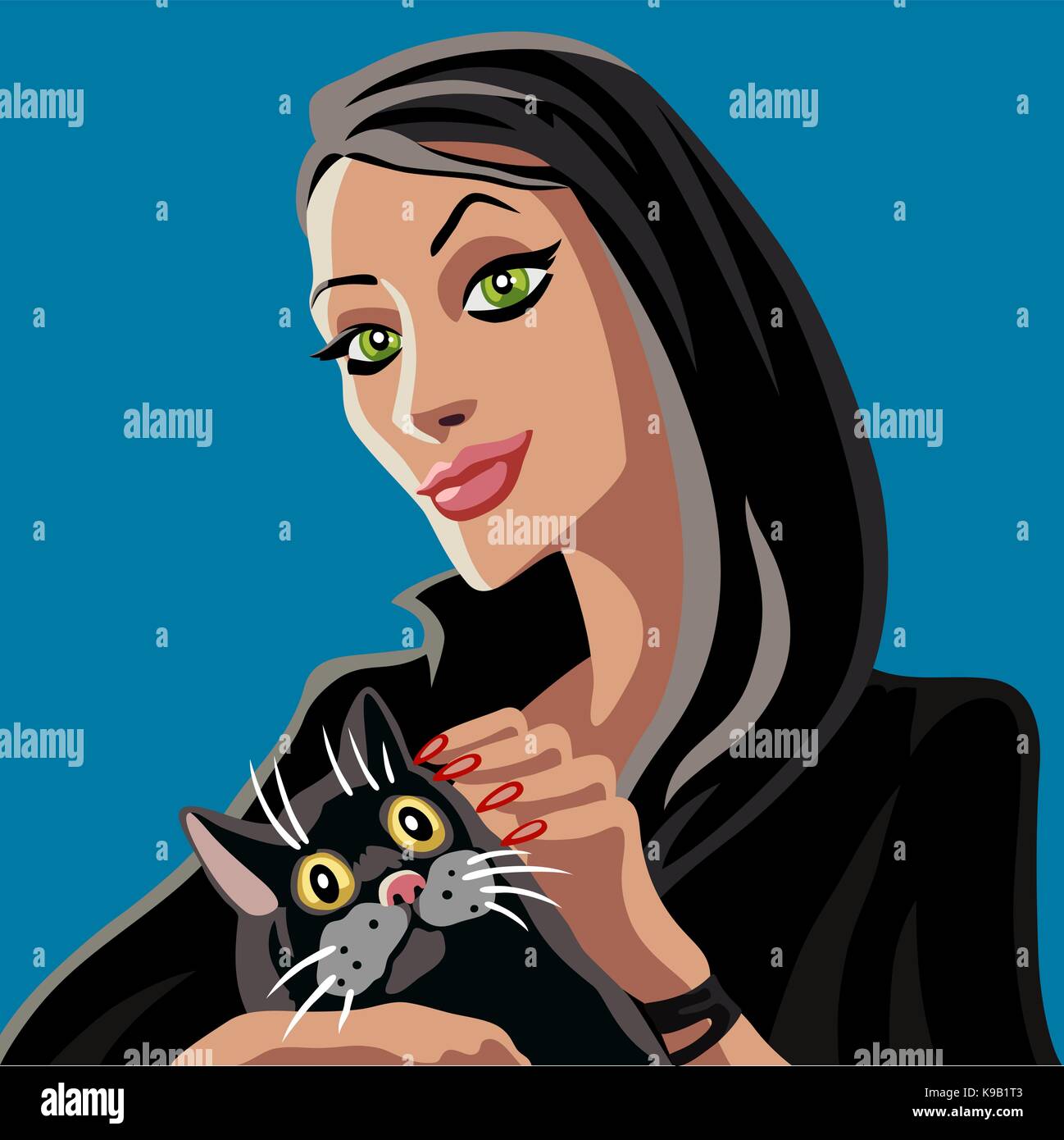Cartoon black witch and black cat. Funny magical character. Blue ...