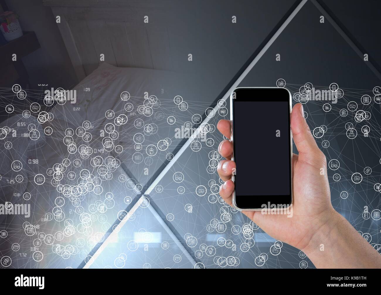Digital composite of Hand holding phone with connectors over transition ...