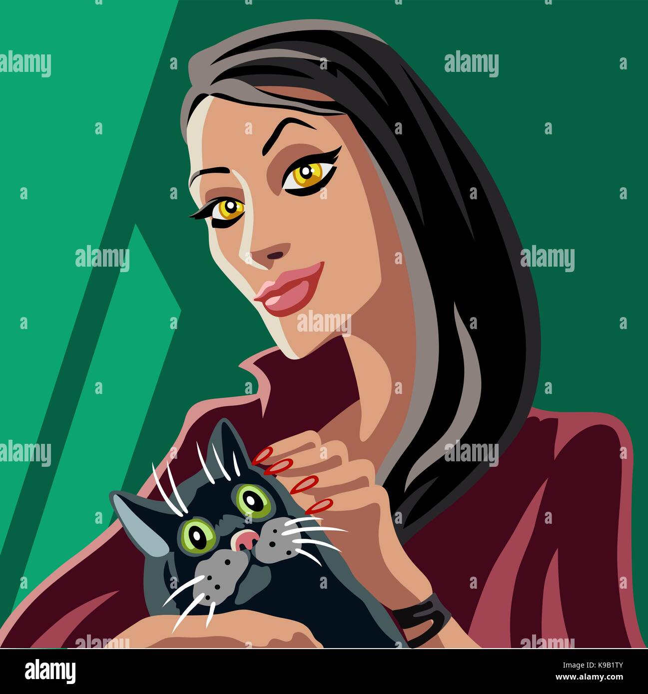 Cartoon red witch and black cat. Funny magical characters. Green ...