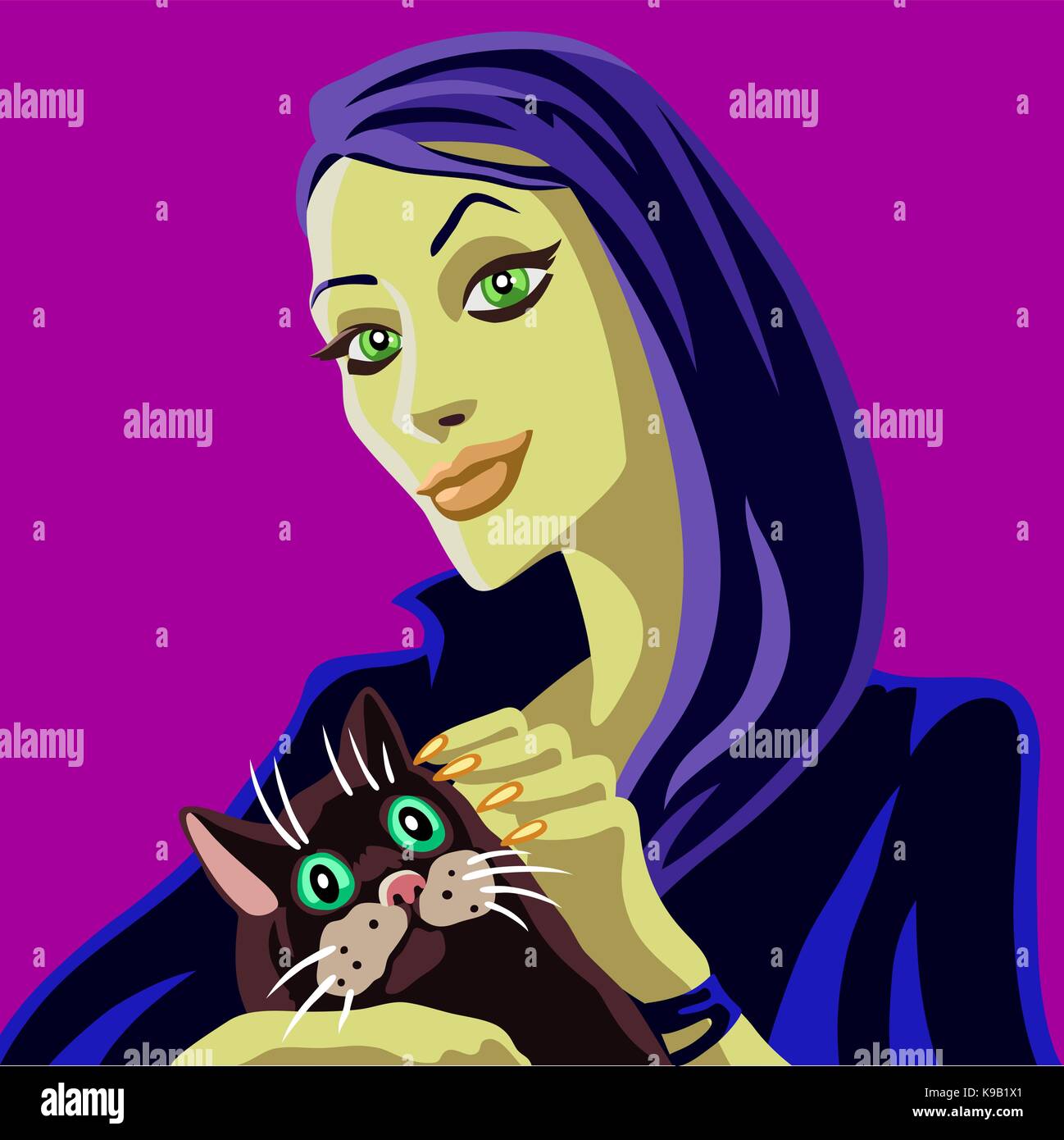 Cartoon pretty blue witch petting red cat. Funny magical characters ...