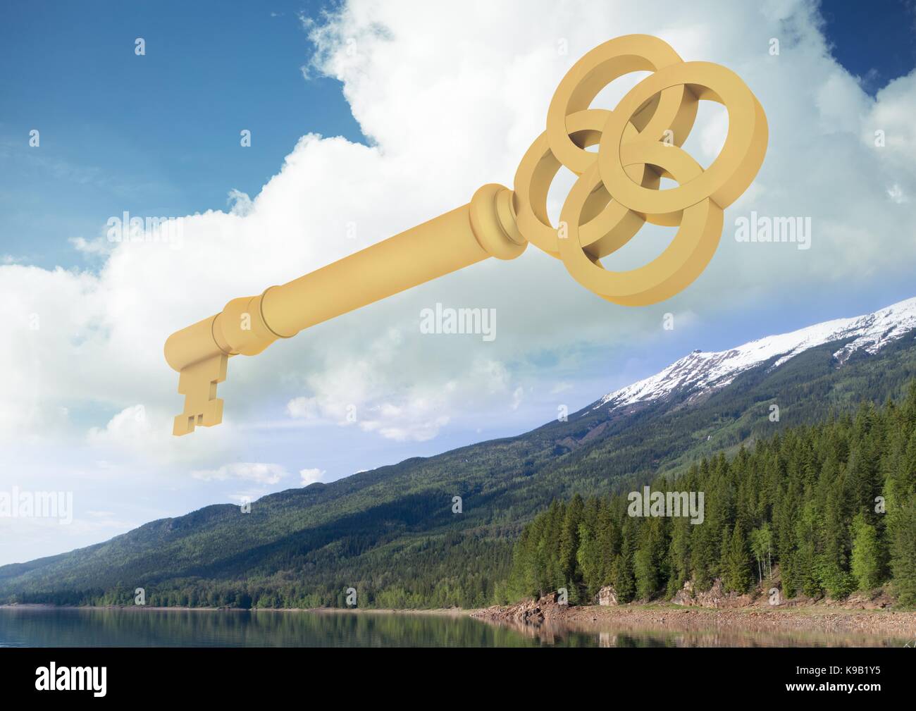 Digital composite of 3D Key floating over forest Stock Photo - Alamy