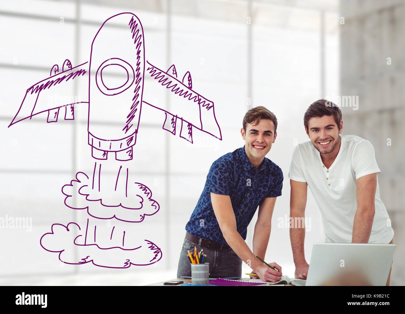 Digital composite of Creative people with hand-drawn rocket Stock Photo ...