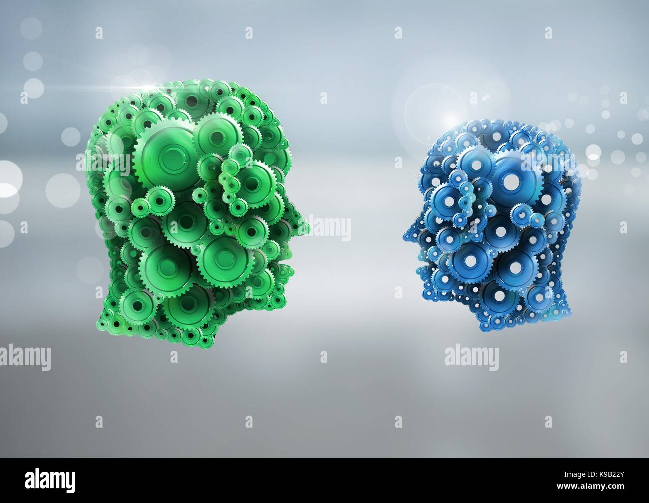Digital composite of Cog heads with bright background Stock Photo - Alamy