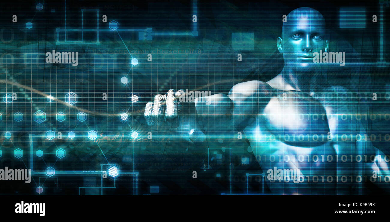 Abstract Technology Background with Man Interacting with UI Stock Photo ...