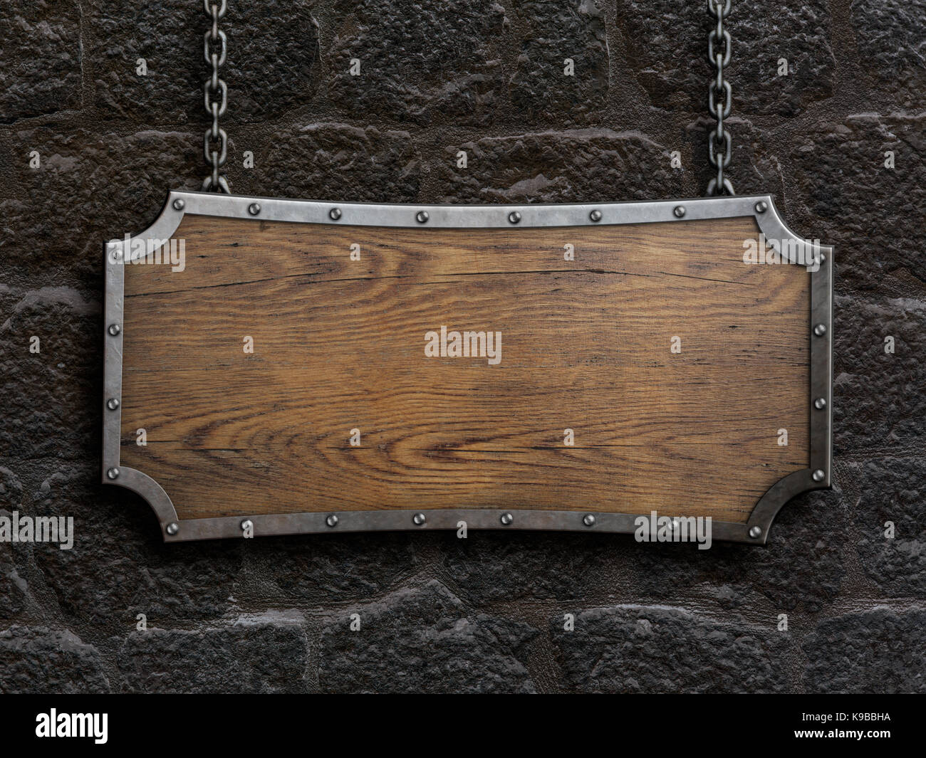 wood sign with metal frame on stone wall 3d illustration Stock Photo ...