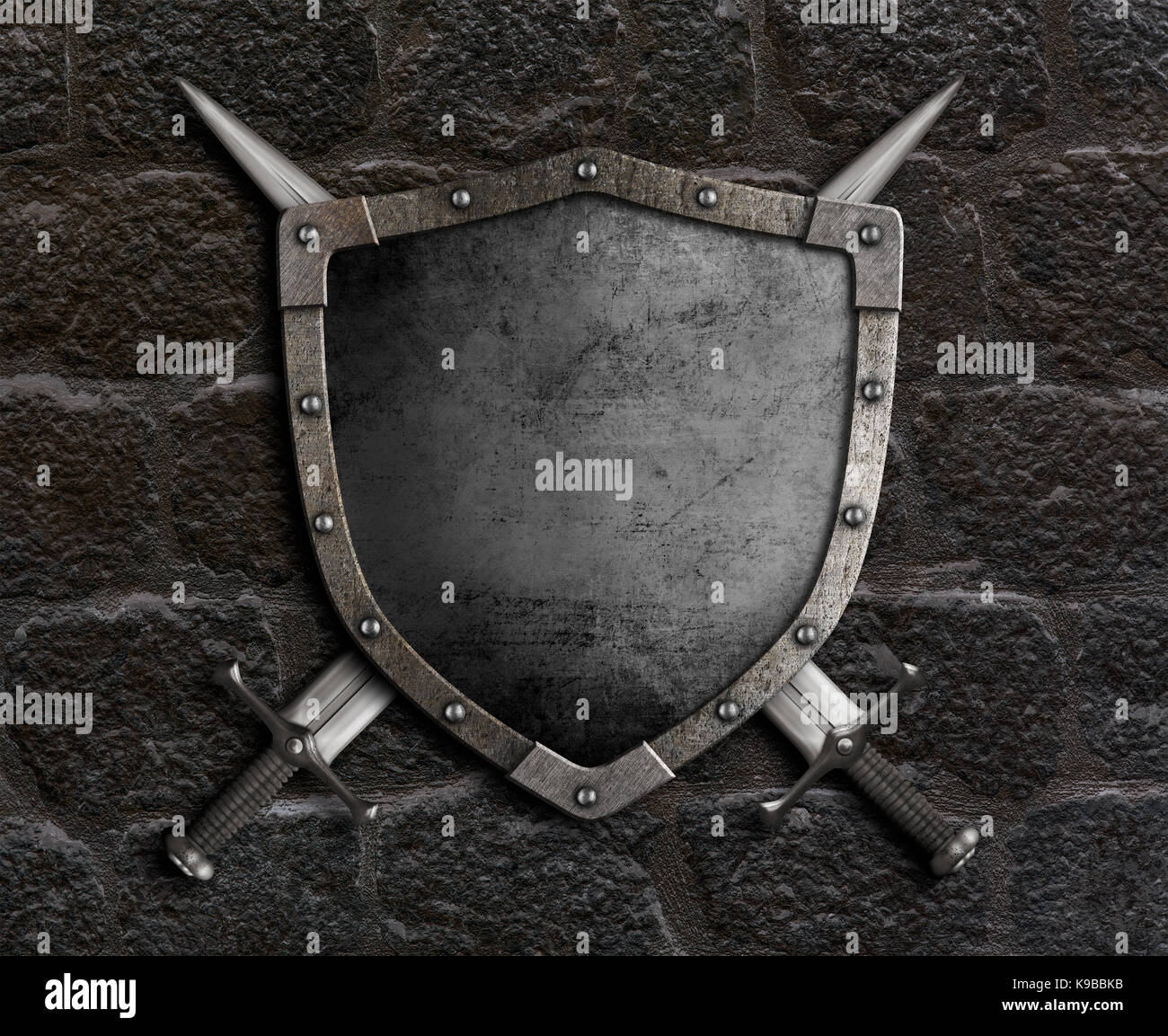 medieval shield with crossed swords over stone wall 3d illustration ...