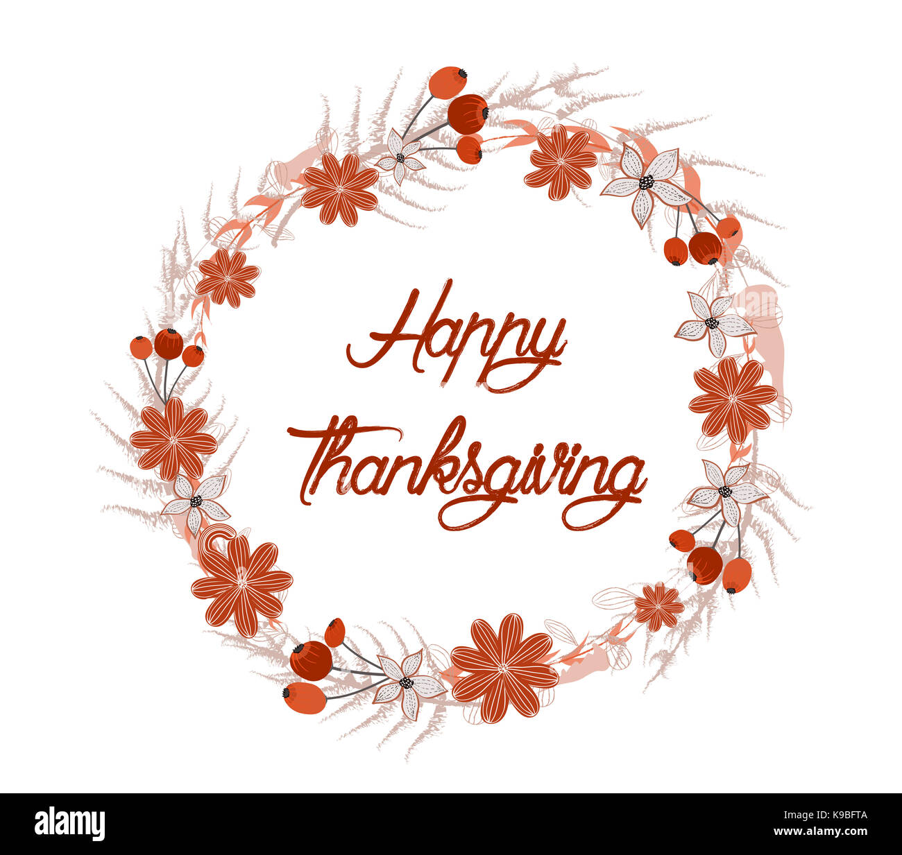 Happy Thanksgiving Day greeting card. wreath and hand drawn letters ...