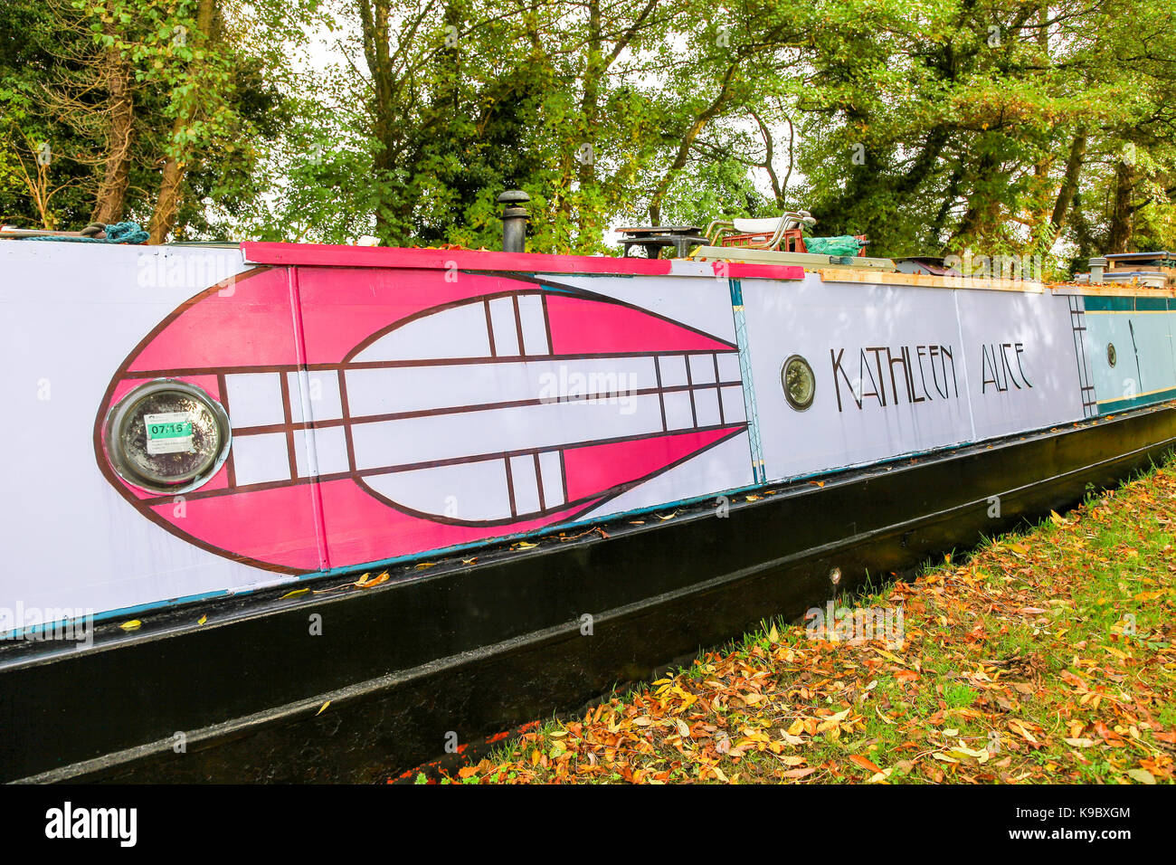 A canal boat or narrowboat called Kathleen Alice decorated in Art Deco ...