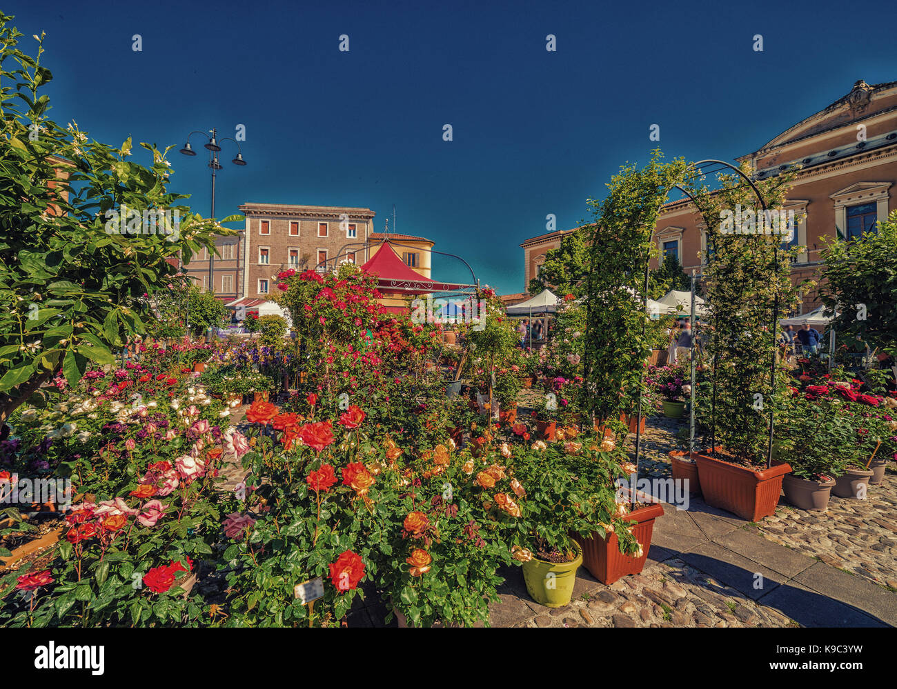 Flower fair in medieval village in Italy Stock Photo - Alamy