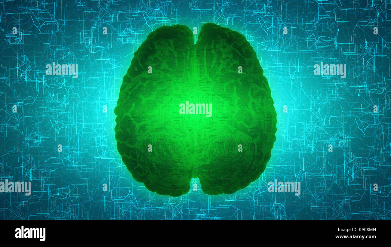 Glowing green brain wired on neural surface or electronic conductors ...