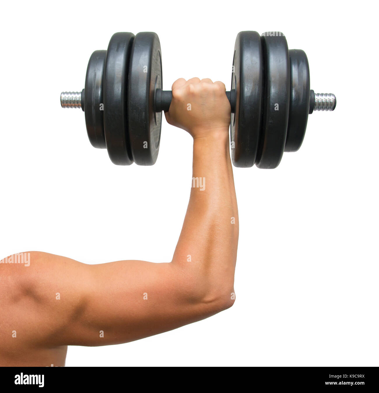 Hand holding black dumbbell isolated on white Stock Photo - Alamy