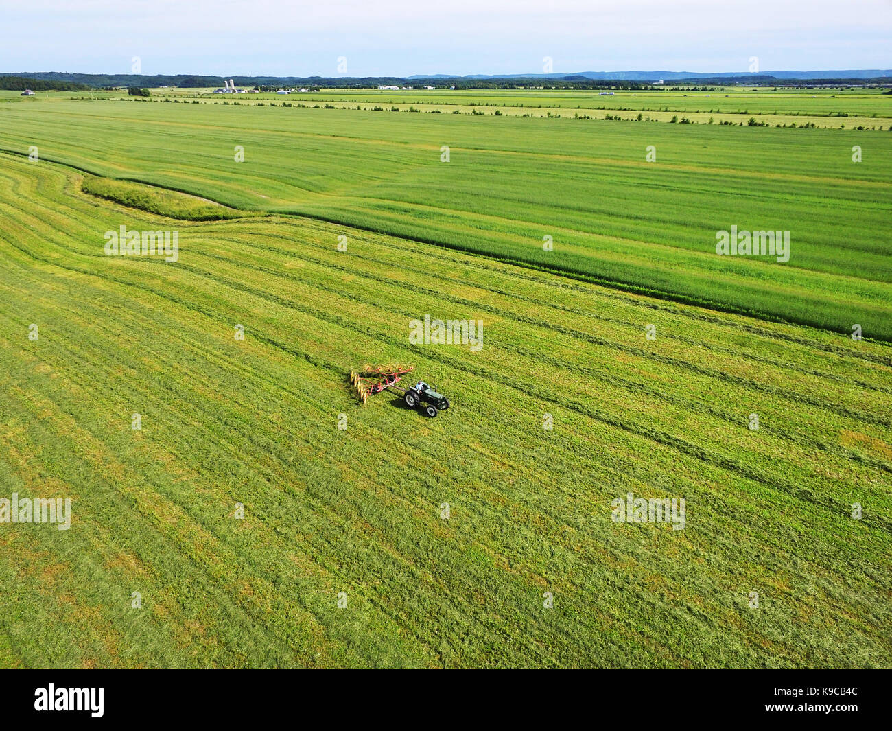 Aerial view of farmer on tractor swathing the field for harvest Stock ...