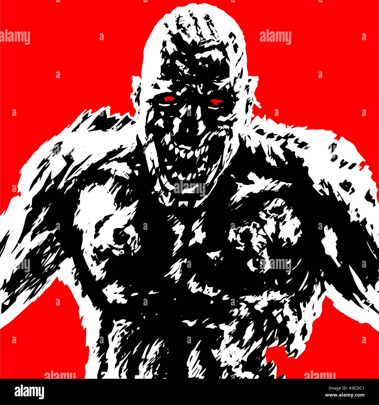 rabid zombie attack in black and white colors on red background. vector ...