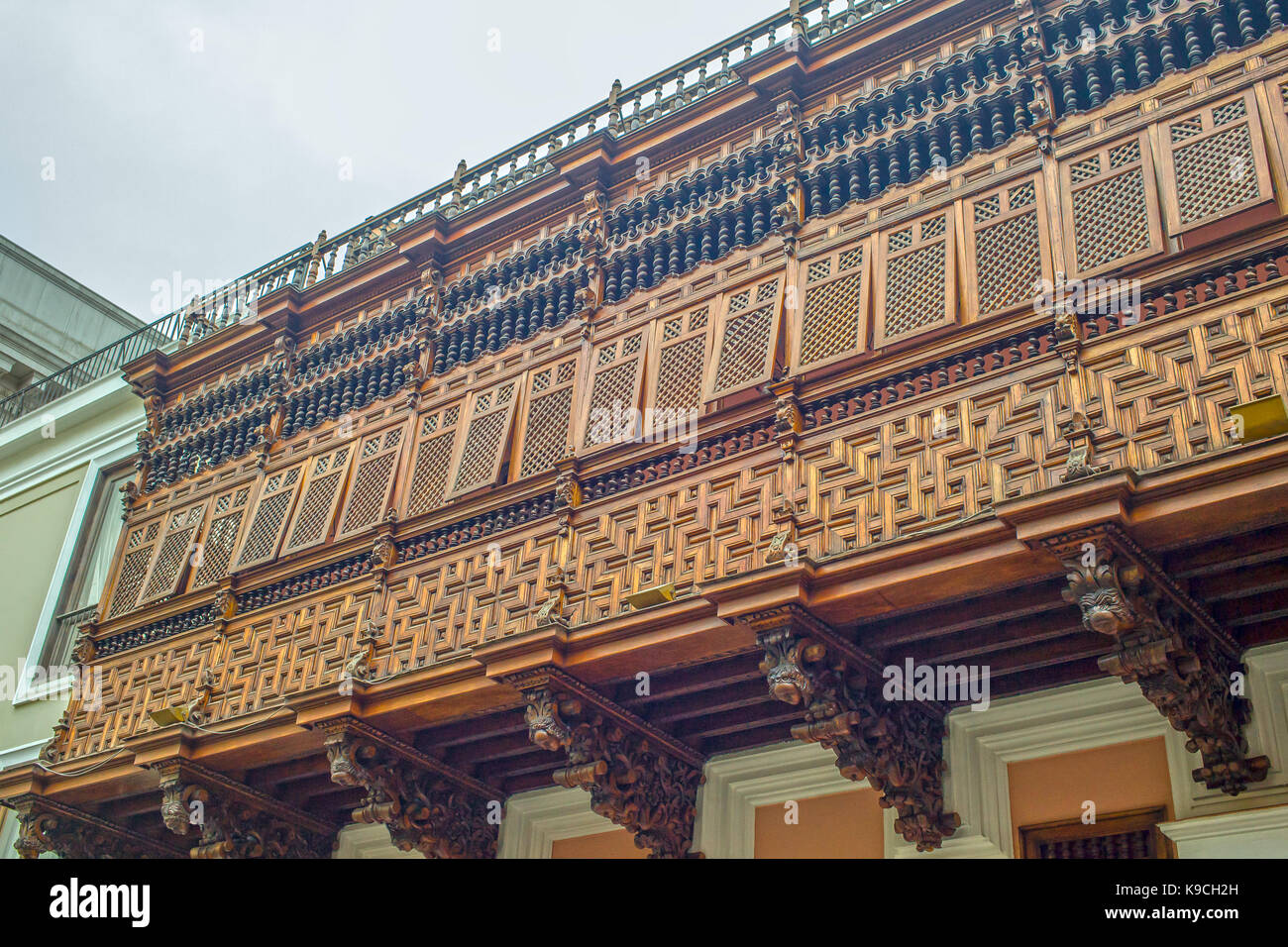 Beautiful old wooden balconies in the historic centre of Lima, Peru ...