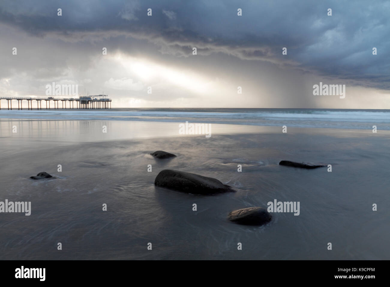 Scripps Pier, La Jolla, San Diego, viewed during a rainstorm from the ...