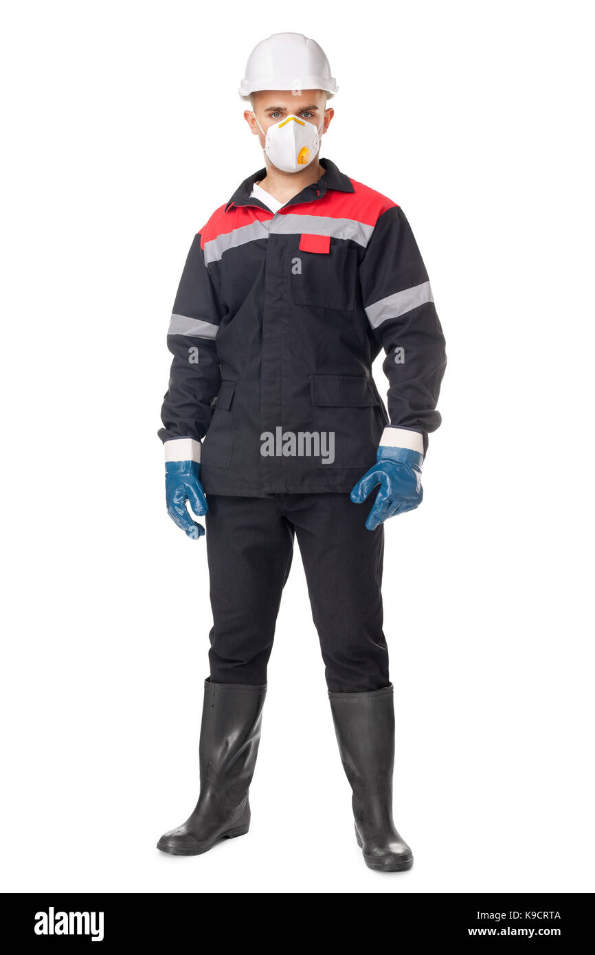 Full length portrait of young worker wearing safety protective gear ...