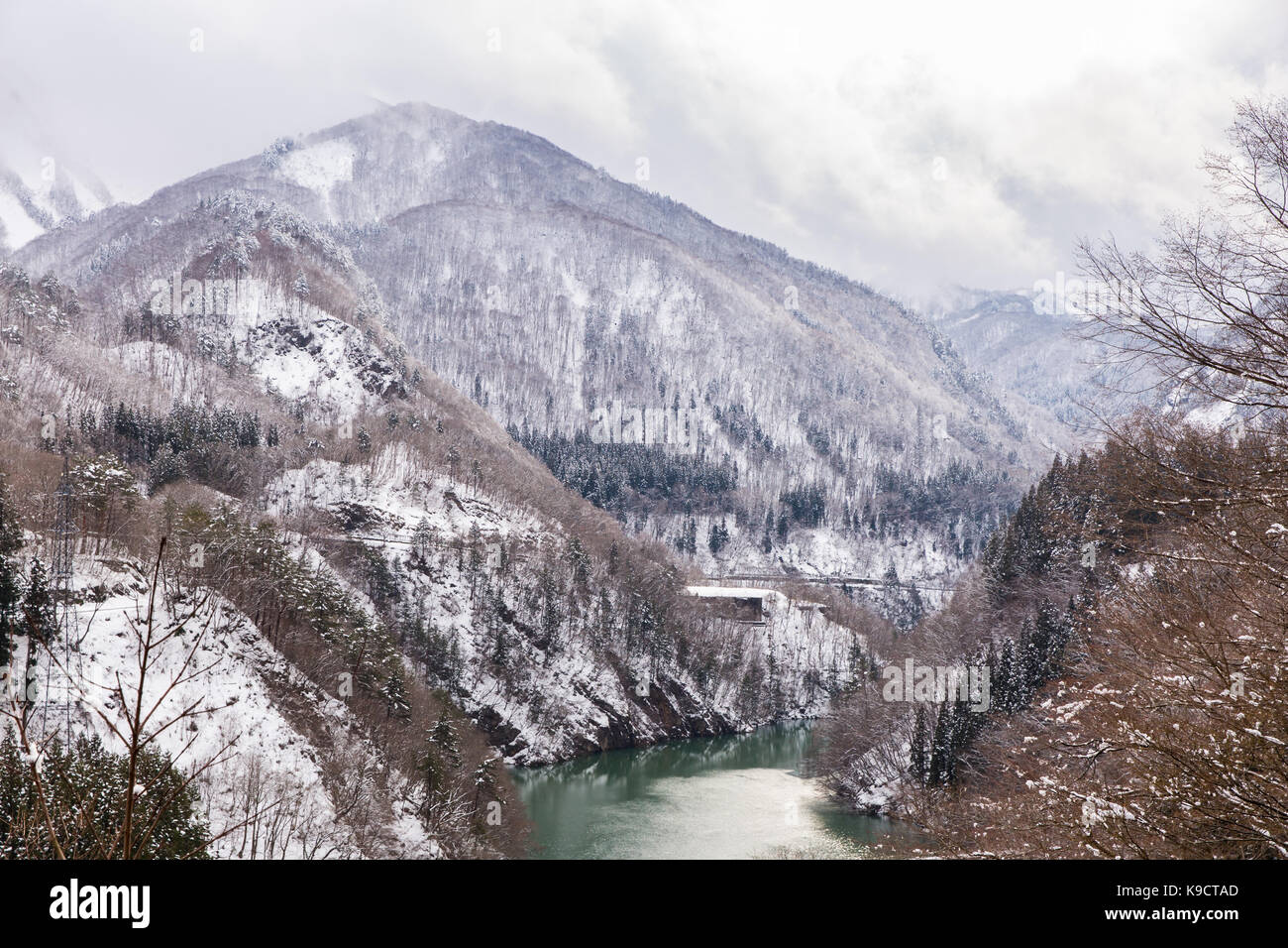 Train in Winter landscape snow on bridge panorama Stock Photo - Alamy