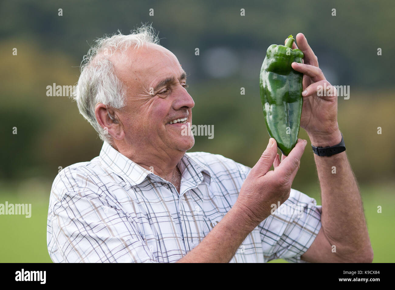 Ian Neale and his Elephants Ear Chilli weighing 0.306kg, during the ...