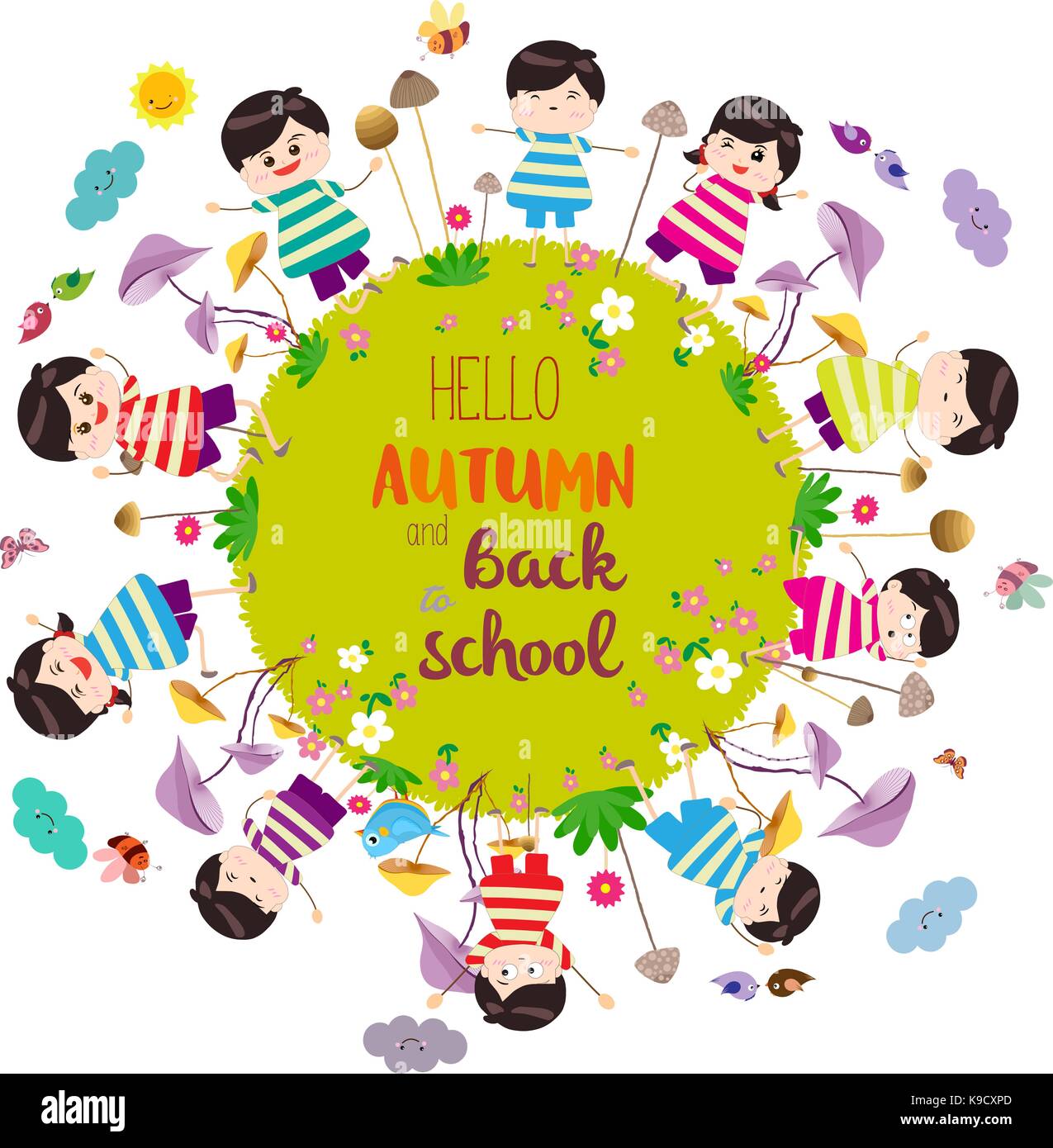 Happy autumn and back to school. Bright background with funny animals ...