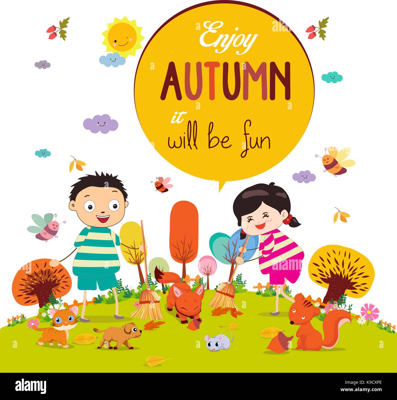 Goodbye summer. Hello autumn happy smiling girls and boys Stock Vector ...