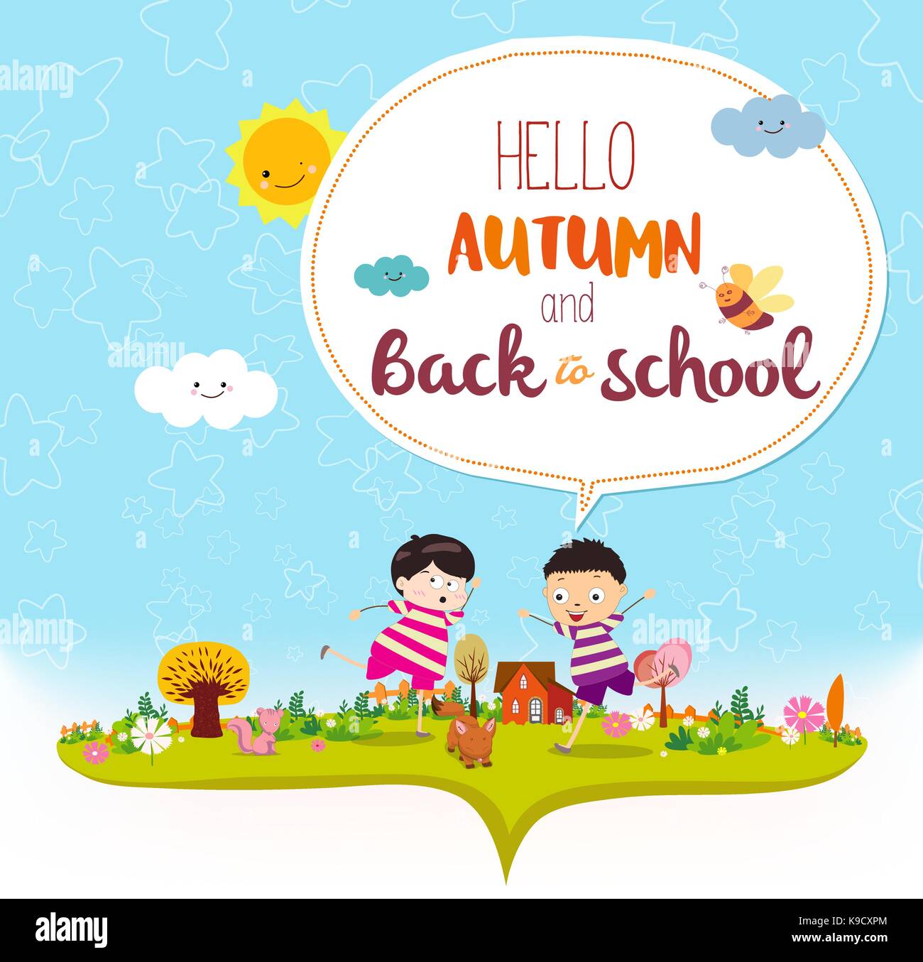Goodbye summer. Hello autumn funny and happy smiling kids Stock Vector ...